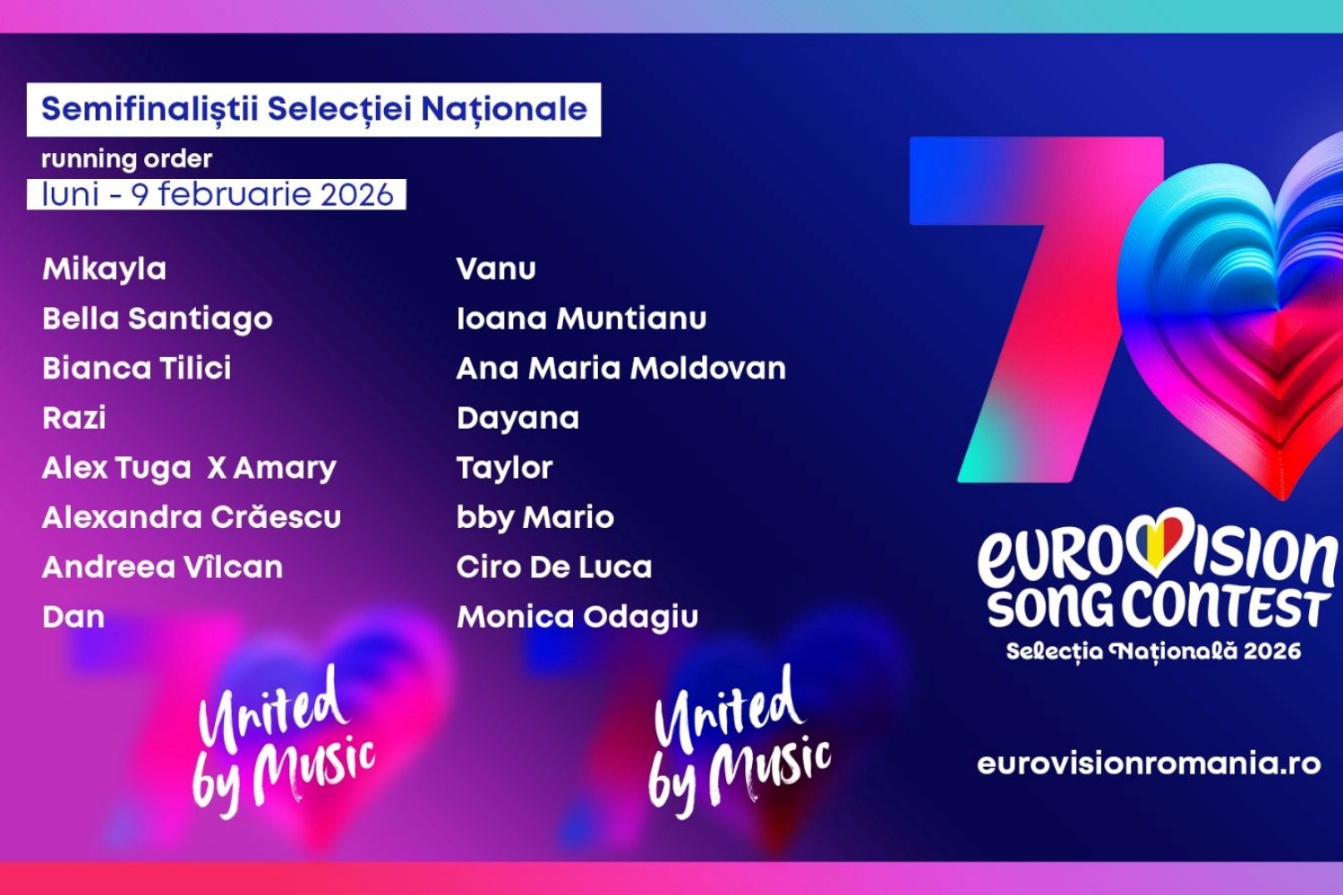 Ascultă piesele din prima semifinală a Selecției Naționale Eurovision 2026